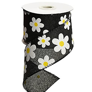 TONIFUL 2.5 Inch Wide Floral Pattern Wired Edge Ribbon Daisy Flowers Black Canvas Cloth Fabric Ribbons Roll 10 Yards for Crafts Bows Wreath Home Decor Hair Accessories Gift Wrapping