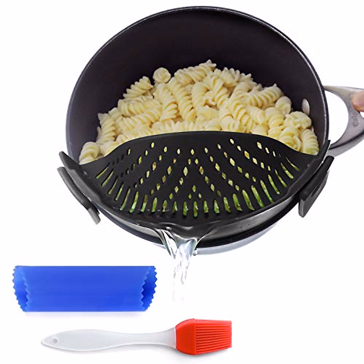 Clip On Kitchen Food Strainer for Spaghetti, Meat, Pasta, & Ground Beef Grease, Colander & Sieve Snaps or Clips Onto Bowls, Pots & Pans Includes Silicone Drainer, Brush & Garlic Peeler (Black)