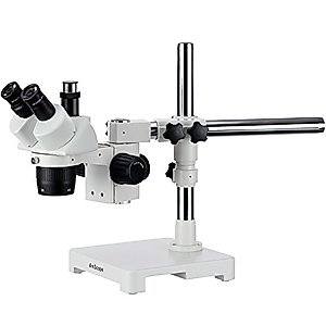 AmScope SW-3T24Z Trinocular Stereo Microscope, WH10x Eyepieces, 20X/40X/80X Magnification, 2X/4X Objective, Single-Arm Boom Stand, Includes 2.0x Barlow Lens