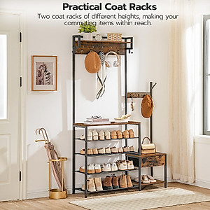 HOOBRO Hall Tree, Entryway Coat Rack Shoe Bench, Shoe and Coat Rack for Entryway, Hall Tree Coat Rack, with Non-Woven Fabric Drawer, for Entrance, Foyer, Rustic Brown and Black BF113MT01