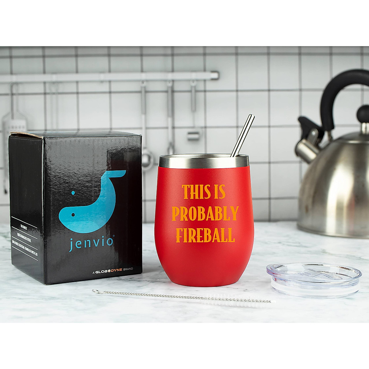 JENVIO Fireball Whiskey Gifts | This is Probably Fireball | Cinnamon Red Coffee/Liquor Stainless Steel Tumbler Mug with Lid and 2 Straws for Men or Women Wine Glass Valentine's Day (12 Ounce)