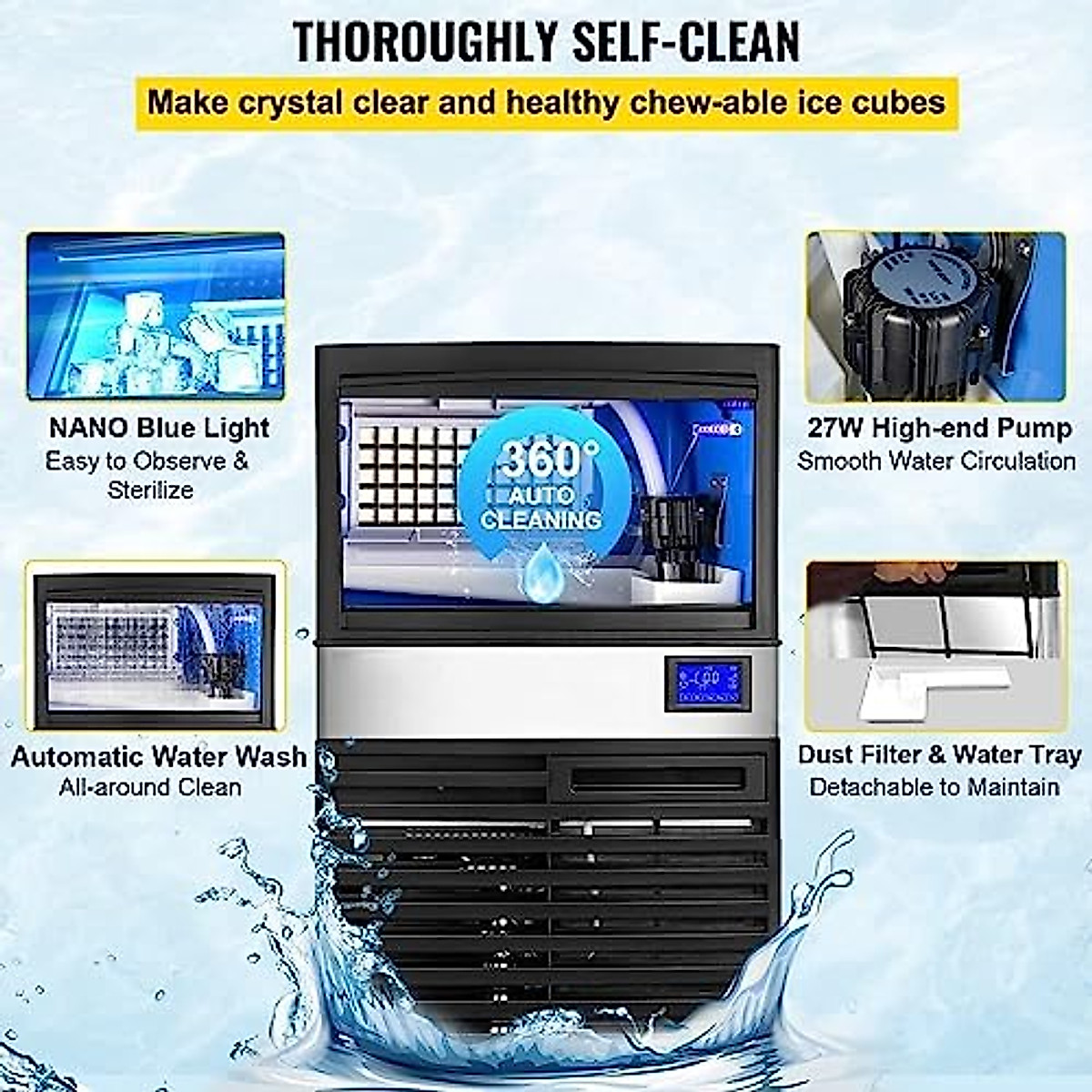 Commercial Stainless Steel Ice Maker Machine with 110LBS/24H Capacity, 39LBS Bin, Electric Water Drain Pump, Water Filter, 2 Scoops, and Connection Hose - Auto Operation for Home, Bar, Restaurant