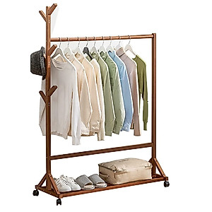 Wooden Clothing Garment Rack Rolling Wheels Large Wood Clothes Rail with Storage Shelves Open Wardrobe Coat Stands Hanging Rack For Entry Ways Bedrooms Armoire ( Color : Brown , Size : 100x35x155cm )