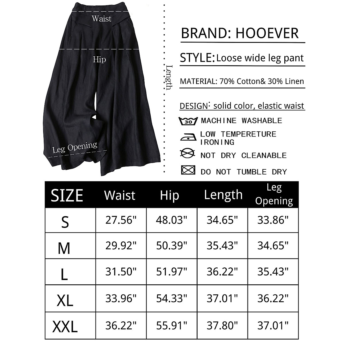 Hooever Women's Cotton Linen Culottes Pants Elastic Waist Wide Leg Palazzo Trousers Capri Pant (Black-XL)