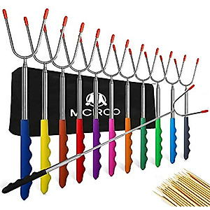M MCIRCO Marshmallow Roasting Sticks,Set of 12 Pack 45'' Telescoping Smores Skewers Hot Dog Extending Stainless Steel Forks for Camping, Campfire, Bonfire Kids, Multicolor,Include 20 Bamboo Skewers