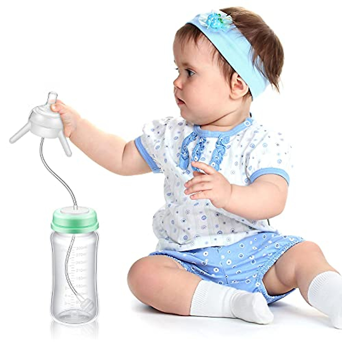 Nuanchu 10 Ounce Self Feeding Baby Bottle with Long Tube Straw Cute Leak-Proof Baby Feeder Bottle Imitation Milk Weaning Baby Supply (Mint Green)