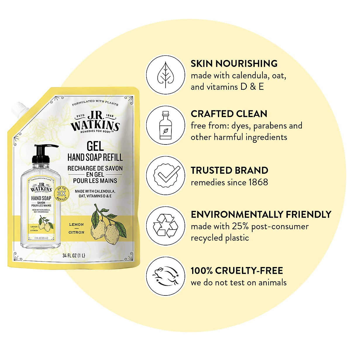 J.R. Watkins Gel Hand Soap Refill, Moisturizing Hand Wash, All Natural, Alcohol-Free, Cruelty-Free, USA Made, Lemon, 34 Fl Oz, 3 Pack