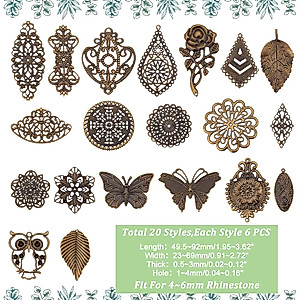 PH PandaHall 120pcs Filigree Metal Embellishments 19 Style Filigree Connectors Charms Antique Bronze Flower Animal Pendants for Steampunk Mixed Media Art Hairpin Headwear Necklace Jewelry Making