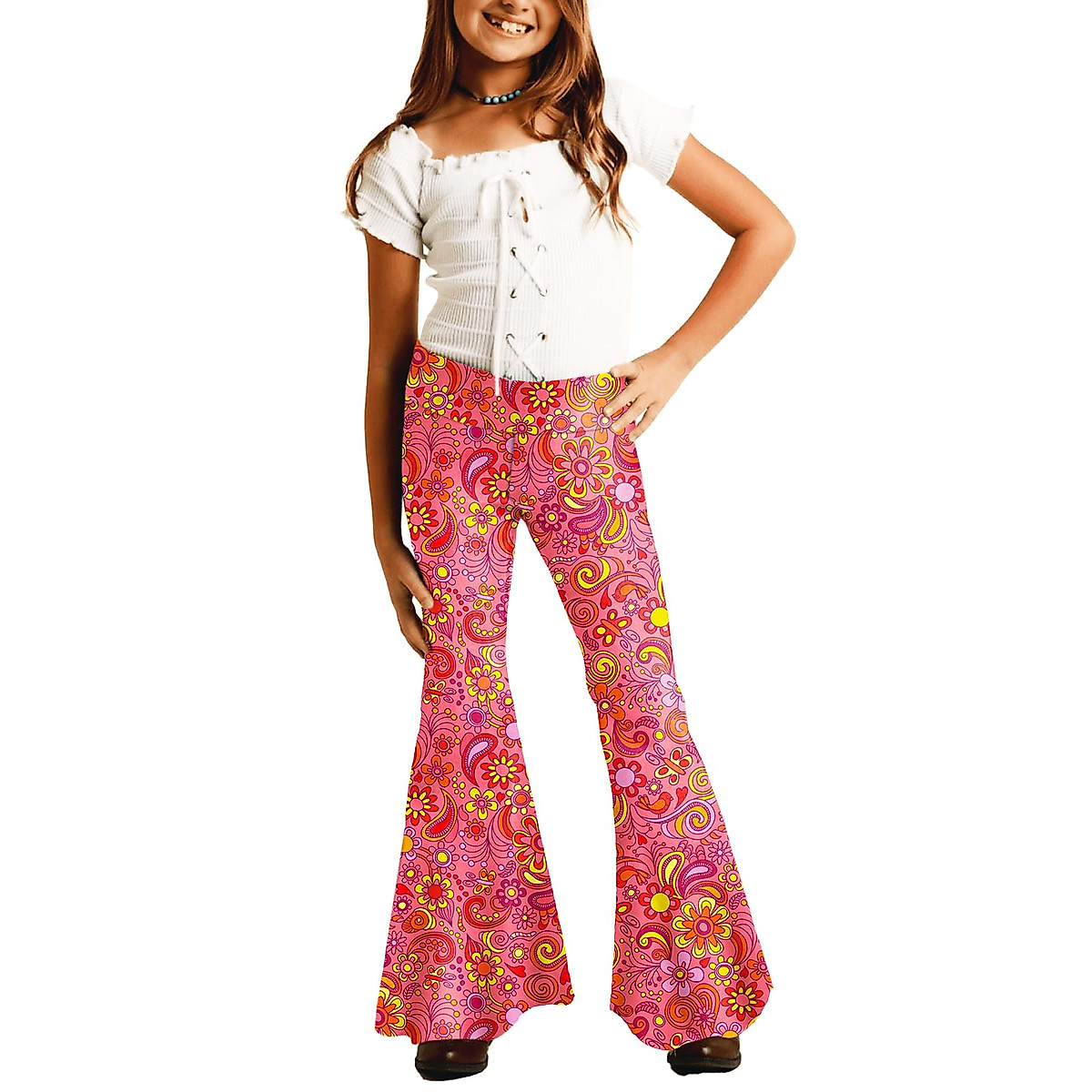 Deerose Hippie Flared Pants for Girls 70s 80s Costume Cute Pink Bell Bottom Floral Print Bootcut 3-4 Years