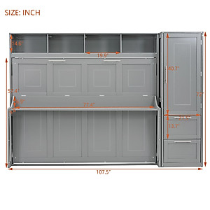 SOFTSEA Full Size Murphy Bed with Desk, Cabinet Murphy Bed with Storage Drawers, Closet, Shelves and Cabinet, Wood Foldable Bed Murphy Bed for Bedroom Guest Room Home Office, Gray