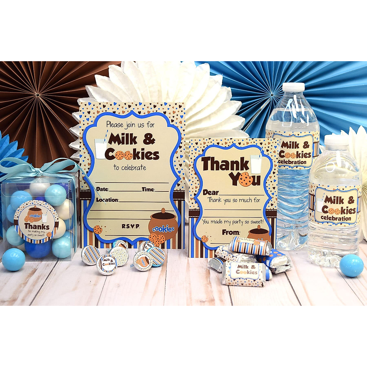 Milk and Cookies Boy Birthday Party Bundle Includes 20 each of Invitations & Thank You Cards with Envelopes + 2 Different Sizes of Stickers, Mini Candy Bar Wrappers, & Water Bottle Labels!