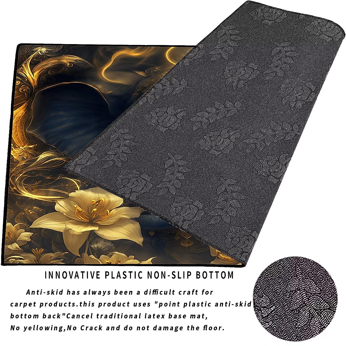 African Elephant Area Rug Opulent Gold Flowers Rugs for Living Room Bedroom Office Non-Slip Washable Indoor Floor Mat Doormat Throw Rugs Carpet 79 in x 39 in