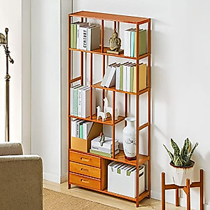 MoNiBloom 4 Tier Bookcase with 3 Drawers, Bamboo Freestanding Ventilated Display Shelf Storage Organizer Cabinet for Bedroom Living Room Office Décor, Brown