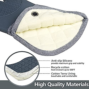 Professional Microwave Silicone Oven Mitts Yarn-Dyed 1 Pair and Kitchen Towels 2 pcs, Kitchen Lines Set for Heat Resistant with 500 Degrees of Kitchen Gloves Pot Holder for BBQ Cooking Baking