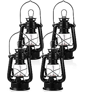 8 Inch Vintage LED Hurricane Lantern 16 Warm LEDs and Dimmer Switch Battery Operated Metal Lantern Decorative Hanging Lantern for Indoor Outdoor Camping Usage Decor (Black, 4 Pieces)