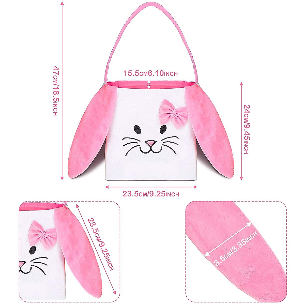 NUFR 2 Pcs Easter Bunny Basket Egg Bags, Easter Rabbit Canvas Tote Bag with Handle and Fluffy Ears for Kids Boys Girls, Easter Bunny Bag Bucket for Eggs Hunting, Candy, Pink+Blue
