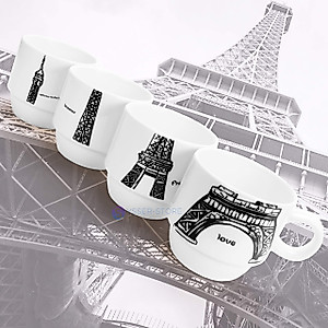 White Porcelain Coffee Tea Cups Set 4 Cups w/Metal Rack in Box 4.0 fl.oz. each Stackable Desing Eiffel Tower