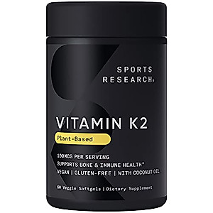 Sports Research Vitamin K2 as MK7 with Organic Coconut Oil | Made with MenaQ7 from Fermented Chickpea | Non-GMO Verified, Vegan Certified (60 Veggie-Softgels)