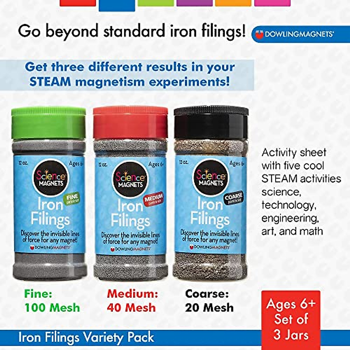 Dowling Magnets Iron Filings Variety Pack, 3 Jars (fine, Medium, coarse), 12 Ounces Each (731050)