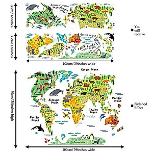 HomeEvolution Large Kids Educational Animal Landmarks World Map Peel & Stick Wall Decals Stickers Home Decor Art for Nursery