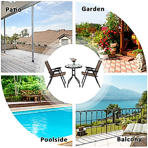 KOTEK Patio Bistro Set, 3 Piece Outdoor Furniture Set w/Round Table & 2 Folding Chairs, Tempered Glass Tabletop, Bistro Table and Chairs for Balcony, Porch, Courtyard, Brown