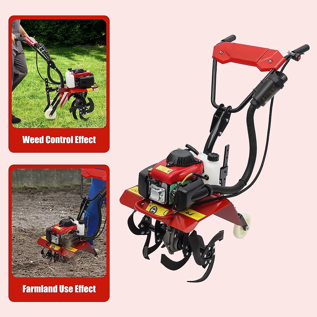 Garden Tiller/Cultivator 63CC 4-Stroke Gas Powered Hand Rotary Front Tine Tiller Rototiller Garden Tool Cordless, Gear Drive Transmission, Adjustable Tilling Depth