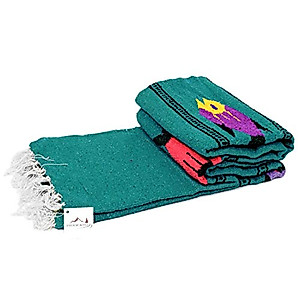 Open Road Goods Thick Mexican Yoga Blanket Turquoise/Sea Green - Serape Fish Design - Handmade/Handwoven Genuine Mexican Style Blanket