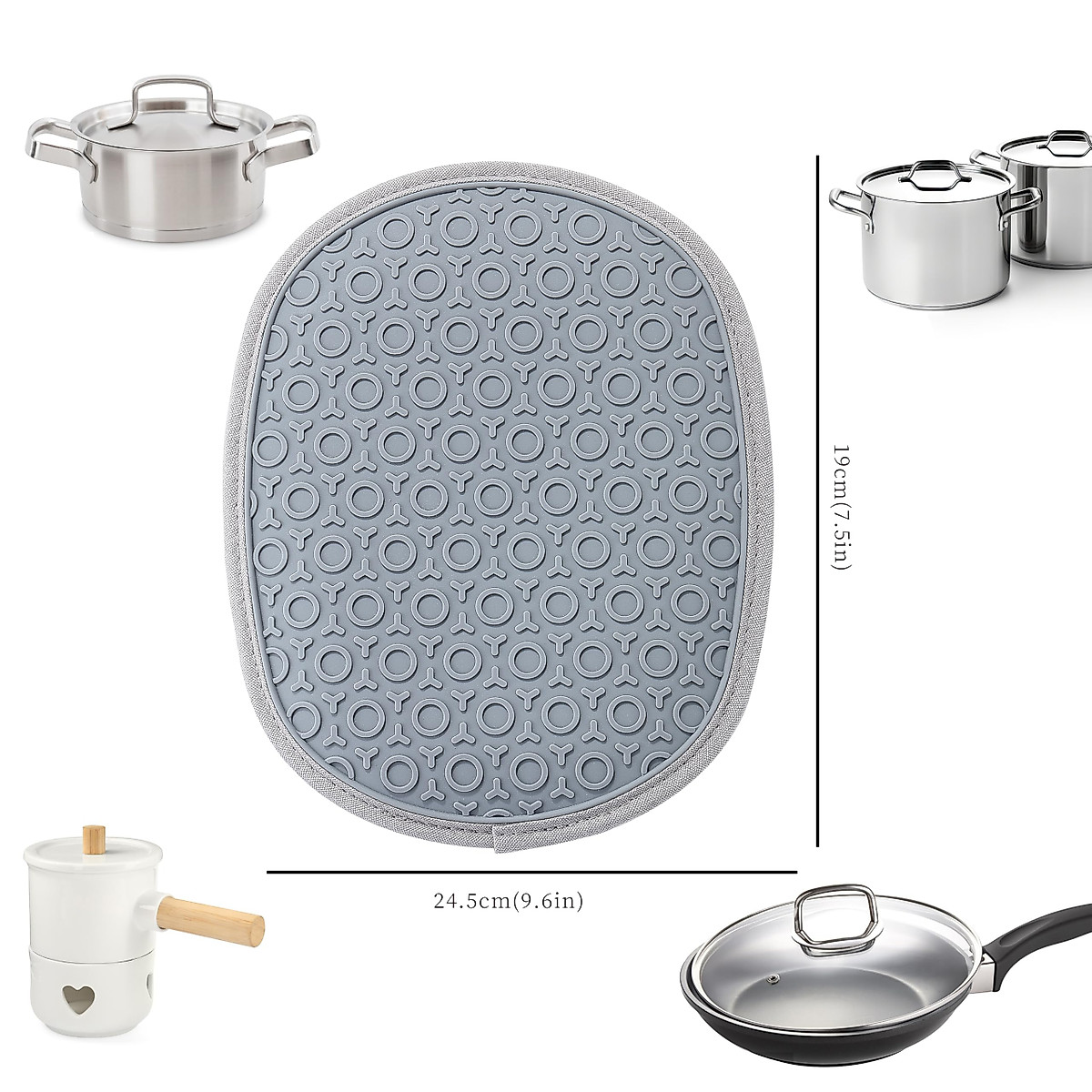 2PCS Silicone Pot Holders, OLULU Heat Resistant Hot Pads with Pockets, Non Slip Pot Holders for Kitchen, Baking and Cooking (9.8 * 7.5 inches, Grey)