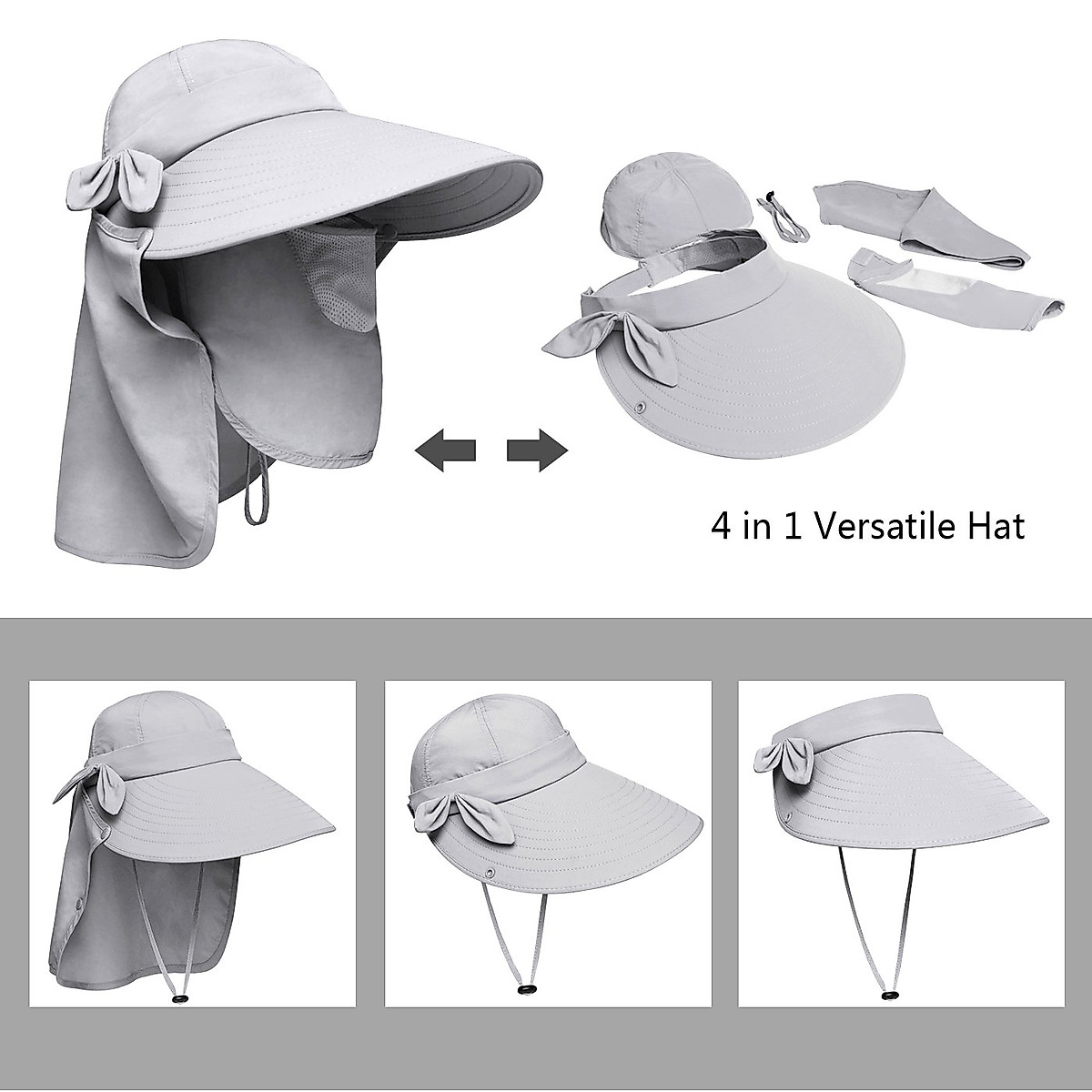 lenikis Women's UPF+50 Sun Visor Detachable Flap Hat Foldable Wide Brimmed UV Protection Hats Grey