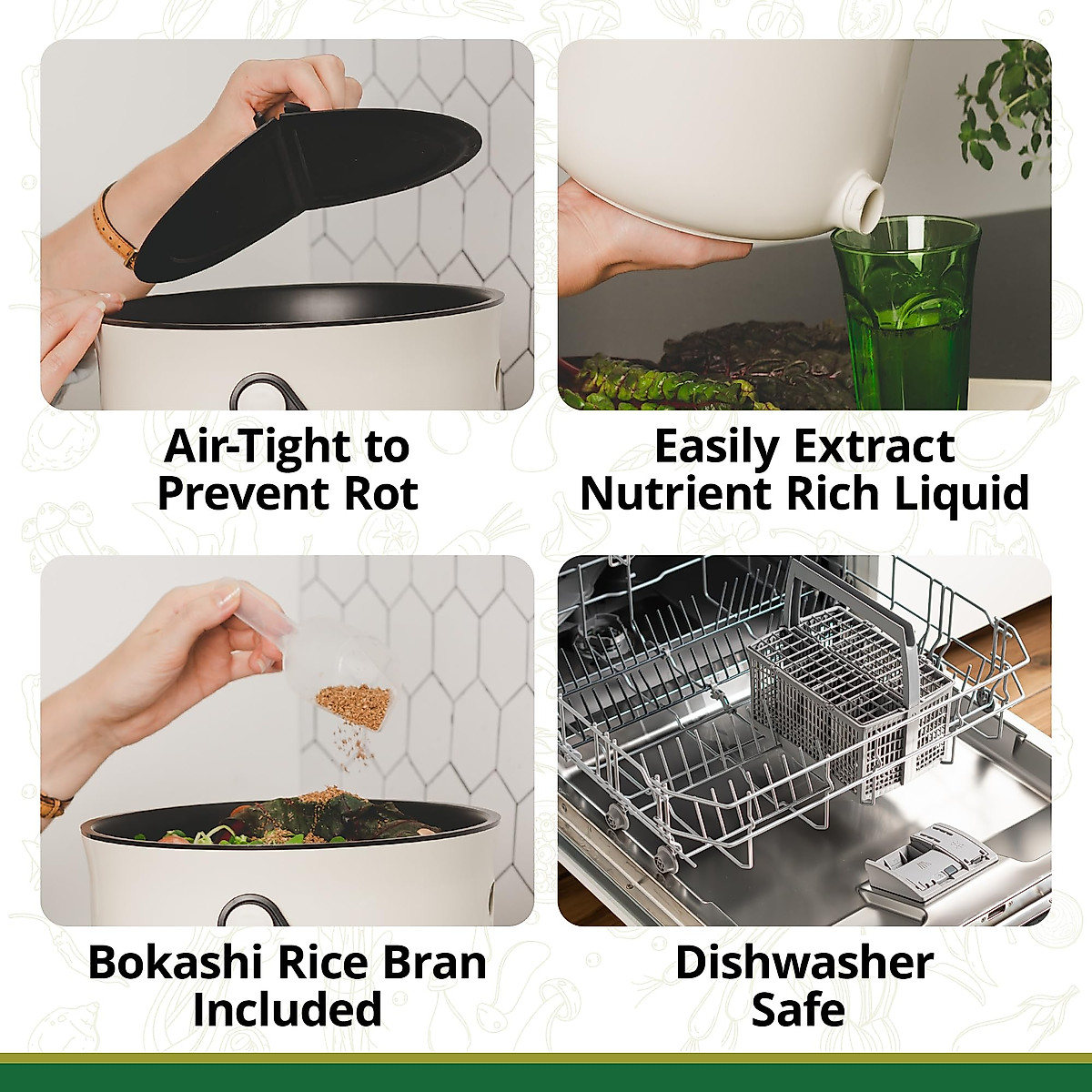 TeraGanix Bokashi Compost Bin + 1 Lb Bokashi Bran, Kitchen Countertop Composter, All Season Indoor Composting, Easily Drain Liquids, Odor Free, Airtight Lid, 2.5 Gallon, Olive