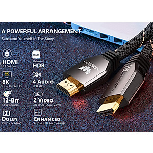 HDMI 2.1 Cable, Ultra High Speed 48Gbps 8K HDMI Cable 8ft, ARISEN 4K120 8K@60Hz Heavy Duty Braided HDMI Cord eARC HDR10 Compatible with RTX 3090 3080 PS5 4K TV Xbox Series X UHD TV Laptop