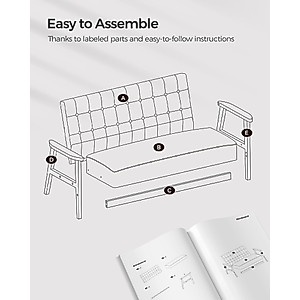 SONGMICS Loveseat Sofa, 2 Seater Cushioned Couch for Small Spaces, Mid-Century Modern 51.2-Inch Wide Seat with Solid Wood Armrests, Easy Assembly, for Living Room Bedroom, Dove Gray ULAC012G01