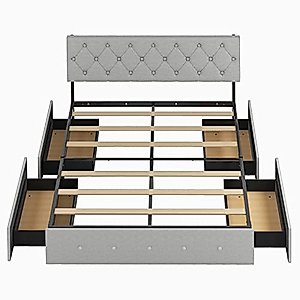 Mjkone Full Size Bed Frame, Upholstered Platform Bed Frame with 4 Built-in Storage Drawers & Adjustable Headboard, Button Tufted Design, No Box Spring Needed- Light Grey