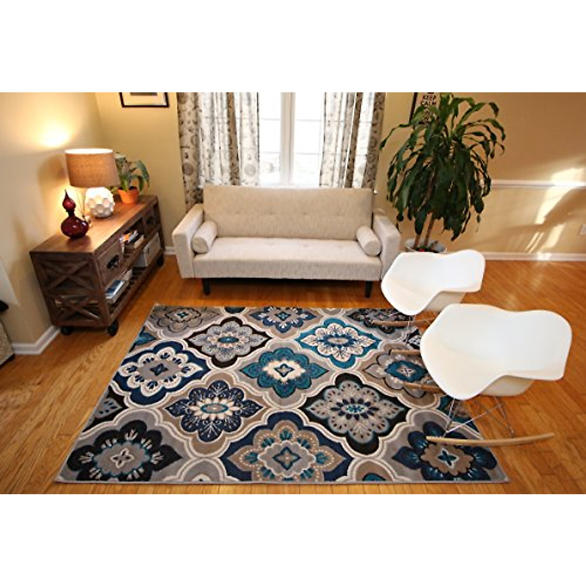 Generations New Contemporary Panal and Diamonds Beige Navy Coral Blue Grey Modern Area Rug Rugs 5'2 x 7'3