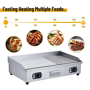 GARVEE 29" Commercial Electric Griddle, 110V, 3000W Resterant Countertop Griddle, Stainless Steel Half Grooved/Flat Top Grill with Adjustable Temperature Control 122°F-572°F(NO PLUG)