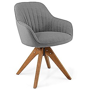 Giantex Desk Chair No Wheels, Super Easy to Install, Mid Century Computer Desk Armchair with Linen Fabric and Soft Sponge Filling, Swivel Accent Chair for Home Office, Grey