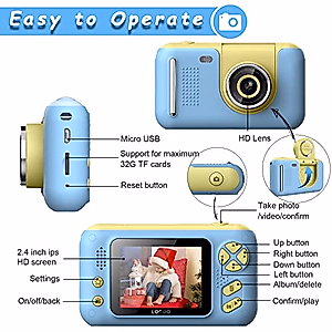 Christmas Children's Digital Camera 3-10 Years Old Christmas Birthday Gift 2.4 Inch 1080P Toddler Camera Portable Handheld Reversible Children's Digital 32GB Memory Camer, Gift for
