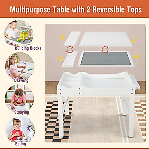 Costzon Kids Table, 3 in 1 Wood Building Block Desk w/Storage, Paper Roll, Reversible Tabletop for Toddler Arts, Crafts, Drawing, Reading, Playing, Gift for Boys Girls, Activity Table (White)