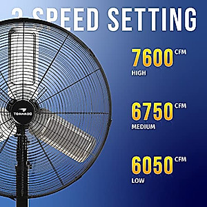 Tornado 24 Inch High Velocity Oscillating Metal Pedestal Fan Commercial, Industrial Use 3 Speed 7600 CFM 1/4 HP 6.6 FT Cord UL Safety Listed