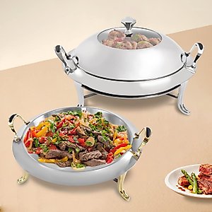 Stainless Steel Flat-Bottomed Chafing Dish, Round Durable Buffet Warmer Tray Durable Frame with Lid and Chafing Fuel Holder for Kitchen Party Dining Buffet-Without Water Pan (Gold-14.96in)