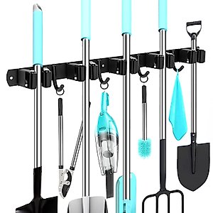 COOKCUTE Broom Holder Wall Mount, 5 Slots 4 Hooks Black Stainless Steel Broom Organizer Wall Mount Mop and Broom Holder Wall Mounted Heavy Duty, Broom Hanger Self Adhesive, Mop Holder Garage Shelving