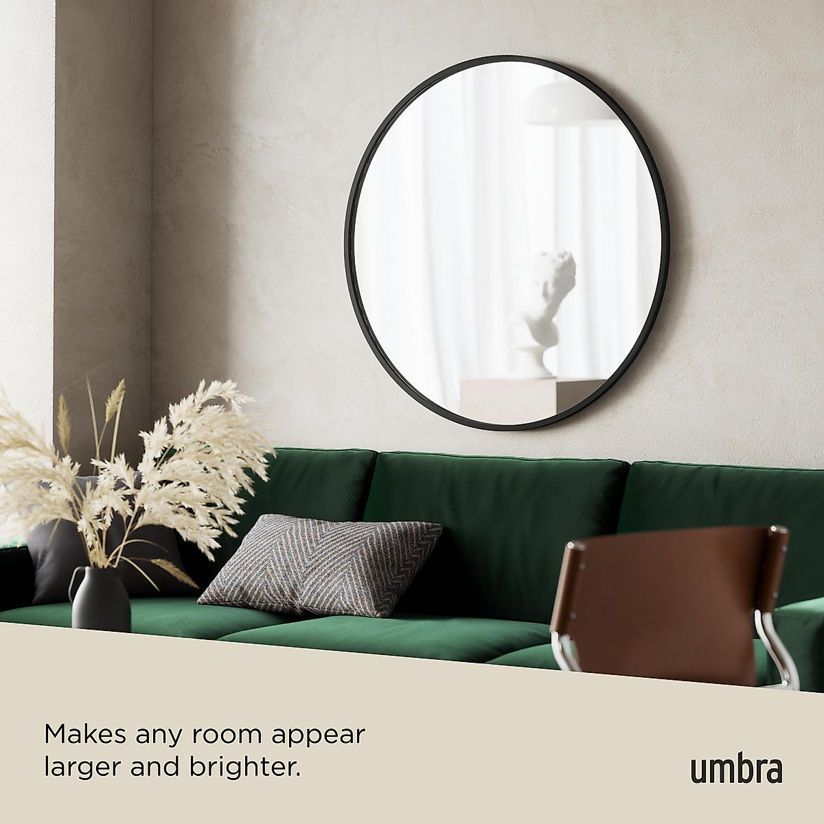 Umbra Hub 37” Round Wall Mirror with Rubber Frame, Modern Decor for Entryways, Washrooms, Living Rooms Inch, Black