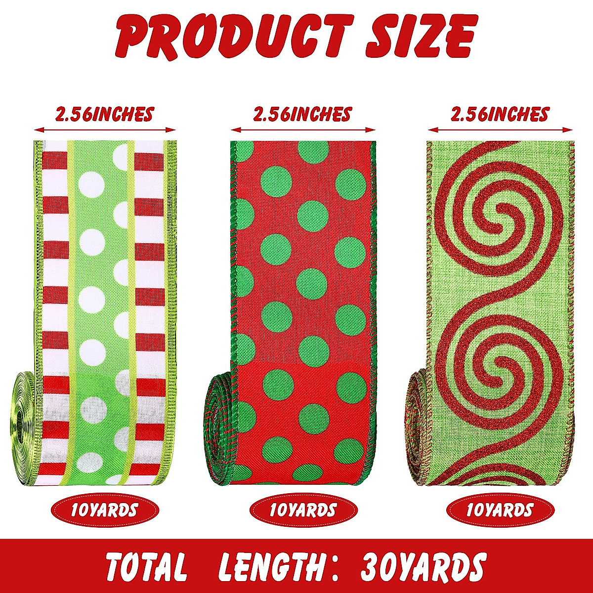 3 Rolls Christmas Wired Ribbon 30 Yard Red and Lime Green Christmas Wrapping Ribbon 2.56 in Wide Polka Dot Swirl Fabric Ribbons Xmas Decorative Ribbons for DIY Crafts Tree Ornaments