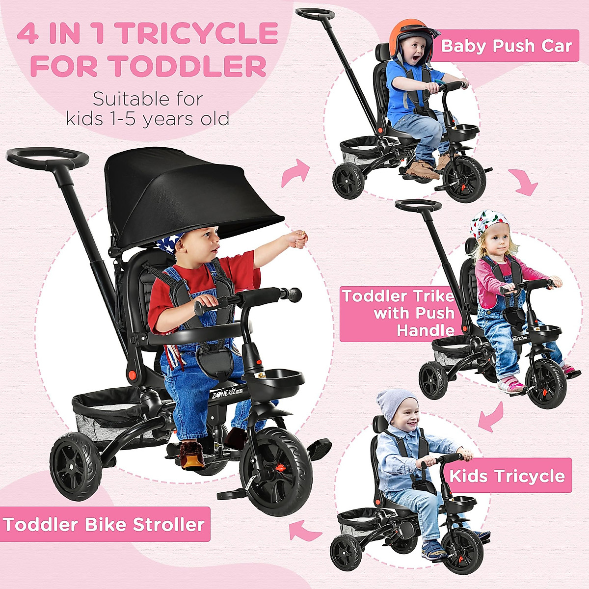 Qaba Kids Tricycle 4 in 1 Trike with Reversible Seat, 2.8'-3.1' Height Push Handle, Canopy, Handrail, Safety Belt, Storage Footrest Brake Clutch, for 1-5 Years Old, Black