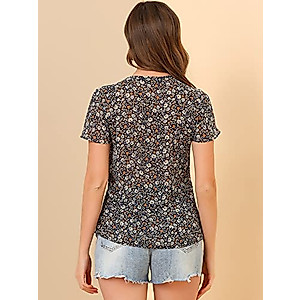 Allegra K Floral Blouse for Women's Short Sleeve Ruffled Tie Neck Blouse Small Black