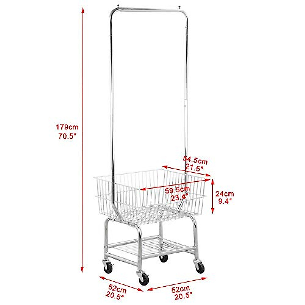 Yaheetech Rolling Laundry Bakset with Wheels, Laundry Cart with Hanging Rack, Metal Laundry Hamper Basket Butler Cart with Wheels and Wire Storage Rack, Silver