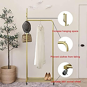 FJANKUI Clothing Garment Racks with Lockable Wheels, 3-in-1 Rolling Clothes Rack for Hanging Clothes, 5 Side Hooks and Bottom Shelves Organizing Clothes,Shoes,bags,hats(23.6in gold)
