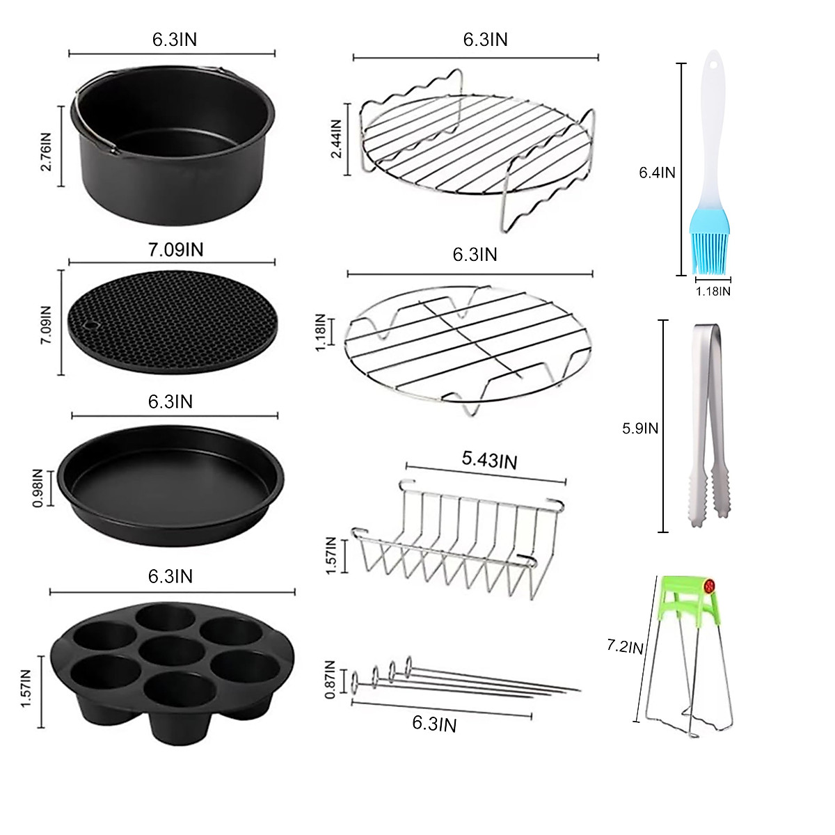7 Inch 10pcs Air Fryer Accessories Set Fit for Gowise Gourmia Cozyna Ninja,Fit All 3.2qt-6.8qt Air Fryer,Kits with Skewers Silicone Mat,Pizza Pan,Cake Barrel,Non-Stick,Dishwasher Safe,Universal,Black