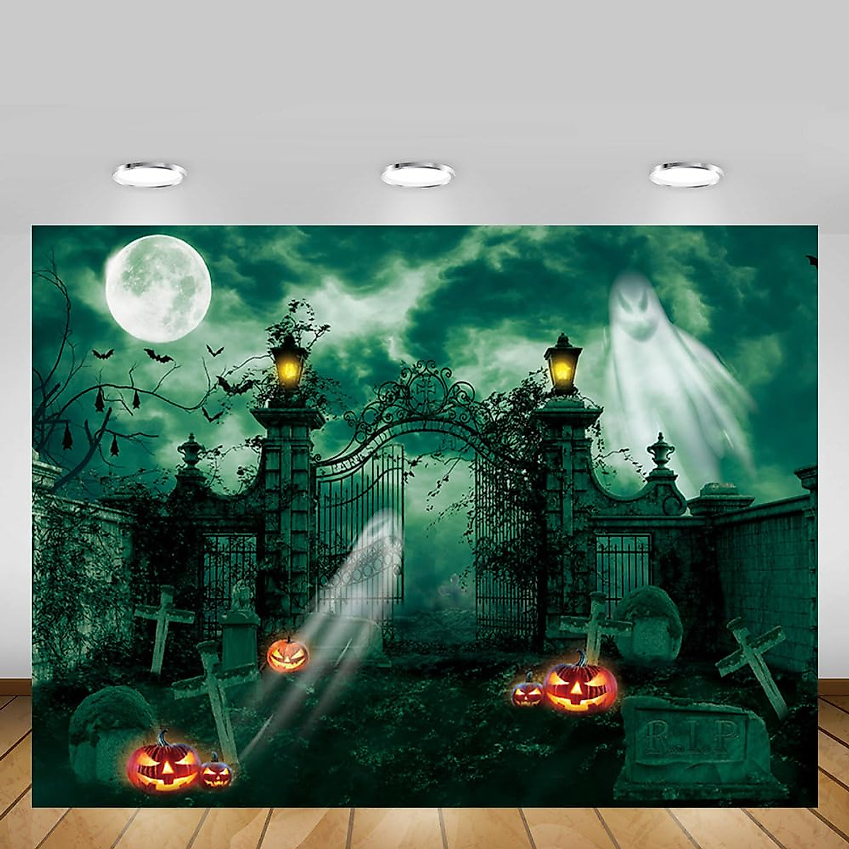 MEHOFOND 10X7ft Halloween Haunted Graveyard Green Photography Backdrop Ghost Lantern Gothic Night Spooky Cemetery Gate Terror Desolate Background Horror Party Banner Decorations Kid Shoot Booth Props