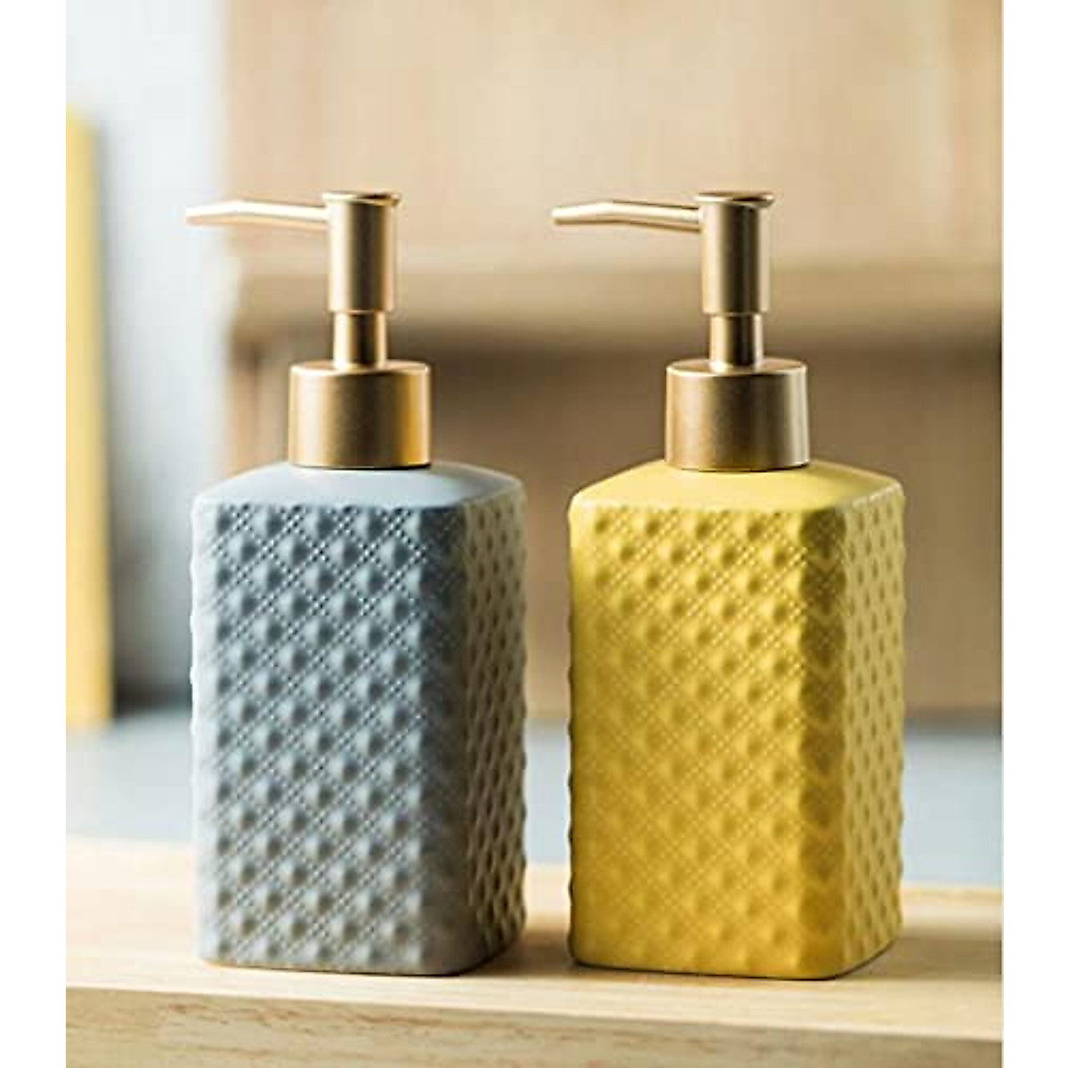 jessie 3 or 4-Piece Ceramic Bath Accessory Set Includes Liquid Soap Lotion Dispenser, Toothbrush Holder, Tumbler, Soap Dish Embossed Matte Bathroom Gift Set (Embossed Matte Yellow Three-Piece Suit)